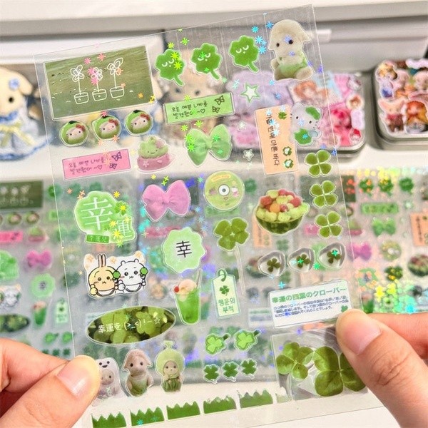 Steve 4pcs Set Green four-leaf Clover Transparent Star Glitter Film Cut ...