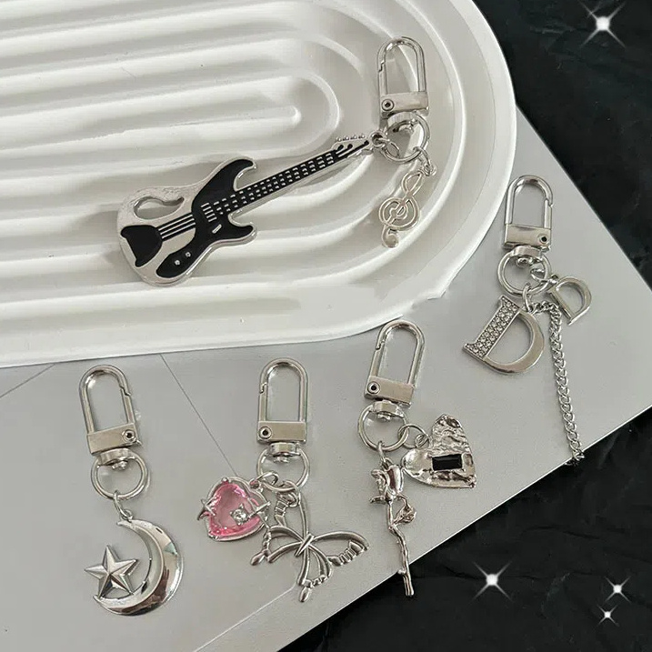 Y2K Guitar Music Note Metal Keychain Pendant Ins Retro Rose Love ...