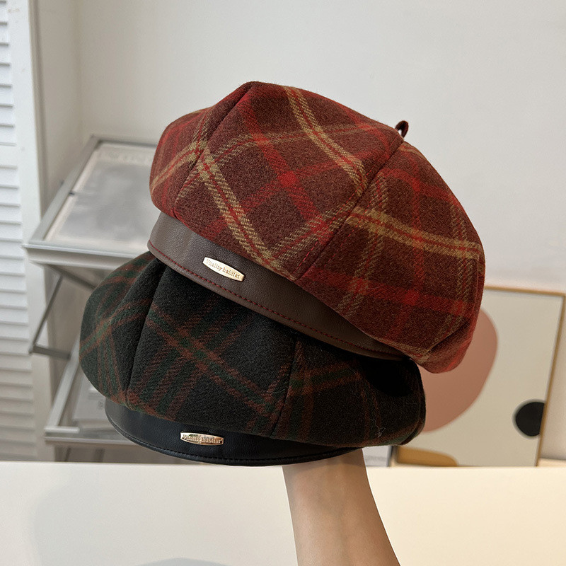 2024New Style Beret Women's Autumn and Winter British Retro Plaid ...