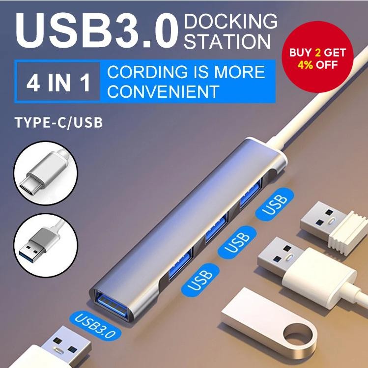 4 Port USB Hub Type C Ultra Slim USB3.0 Expander Adapter Multi Data Hub ...