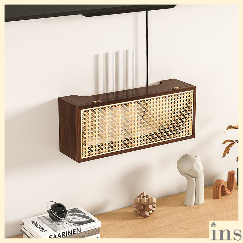 Vintage Solid Wood Rattan Hidden Wireless Router Modem Storage Box Wall ...