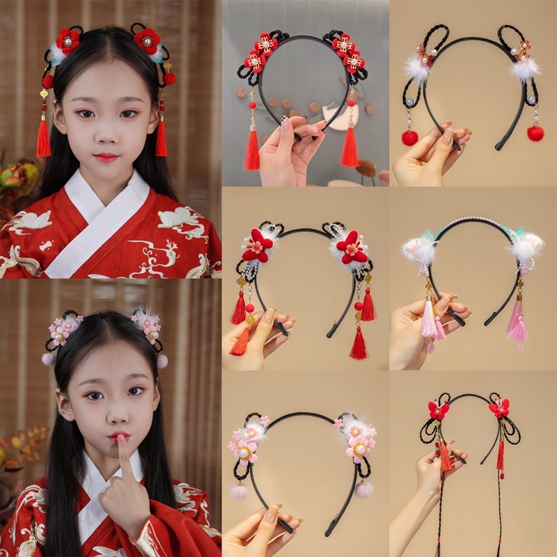 Kids Cute Wig Braid Headband Chinese Style Baby Girls Flower Tassels ...