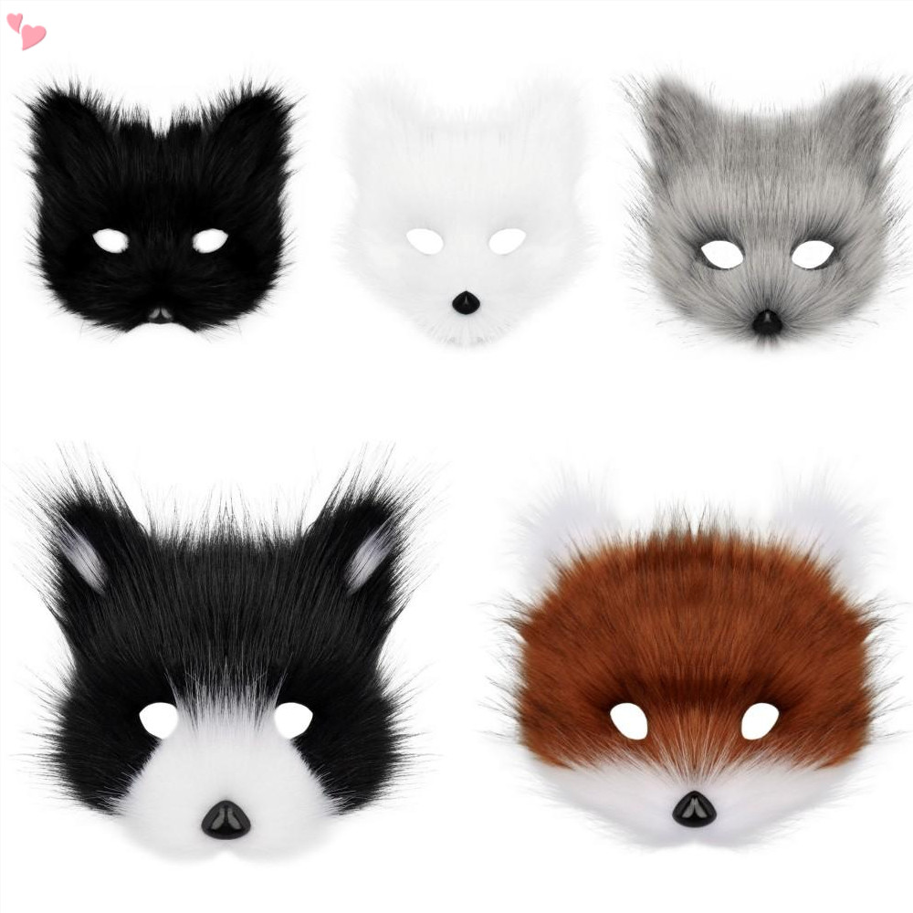 Faux Fur Fox Mask Furry Half Face Animal Cat Mask Halloween Cosplay ...