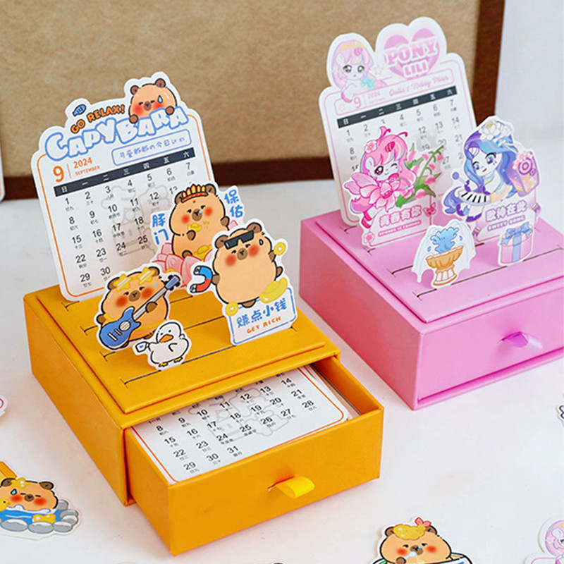 2025 Calendar Cartoon Drawer Style Mini Desk Calendar with DIY Cards ...
