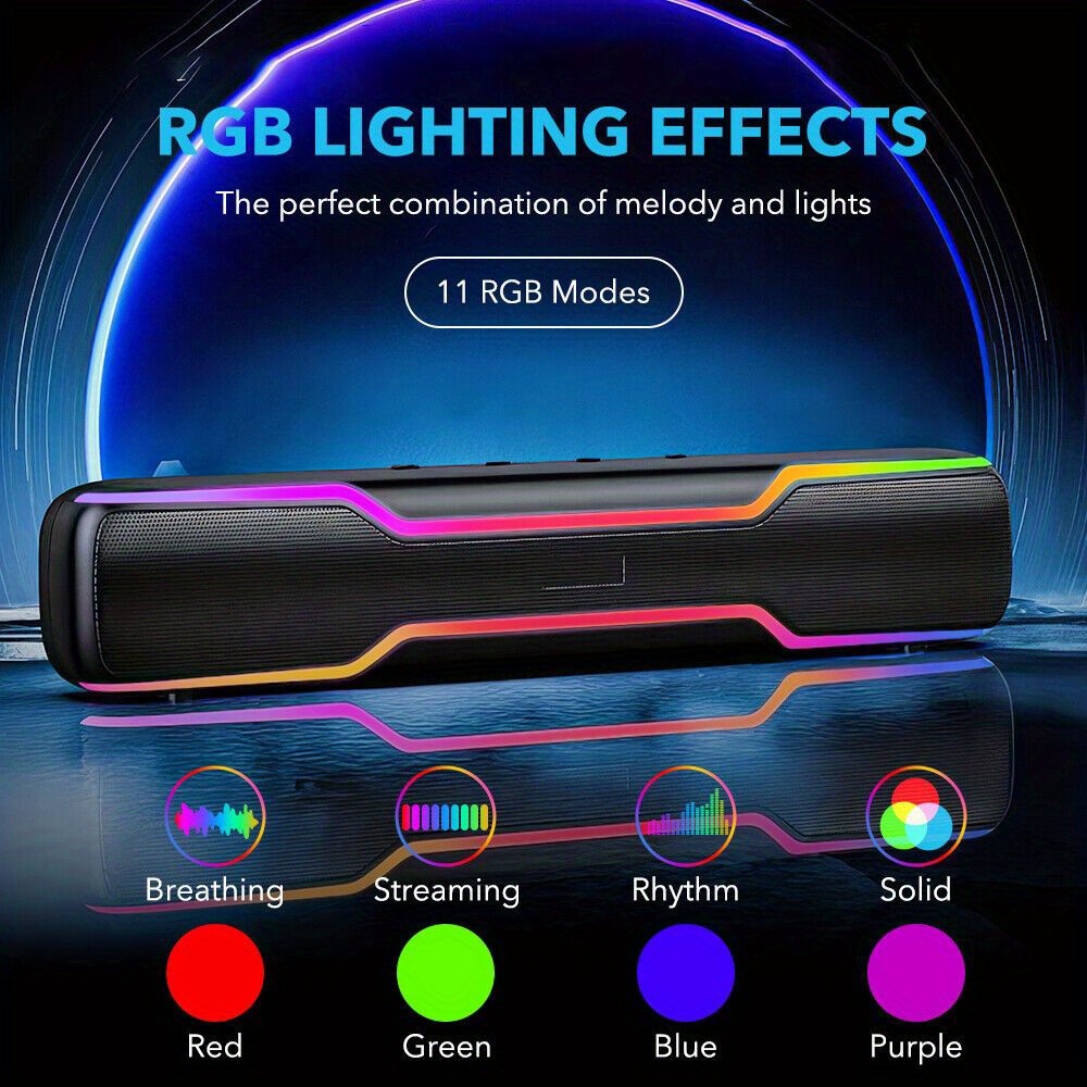 20W BT Speaker PC RGB Gaming Soundbar 3. 5mm Auxiliary Input Computer ...