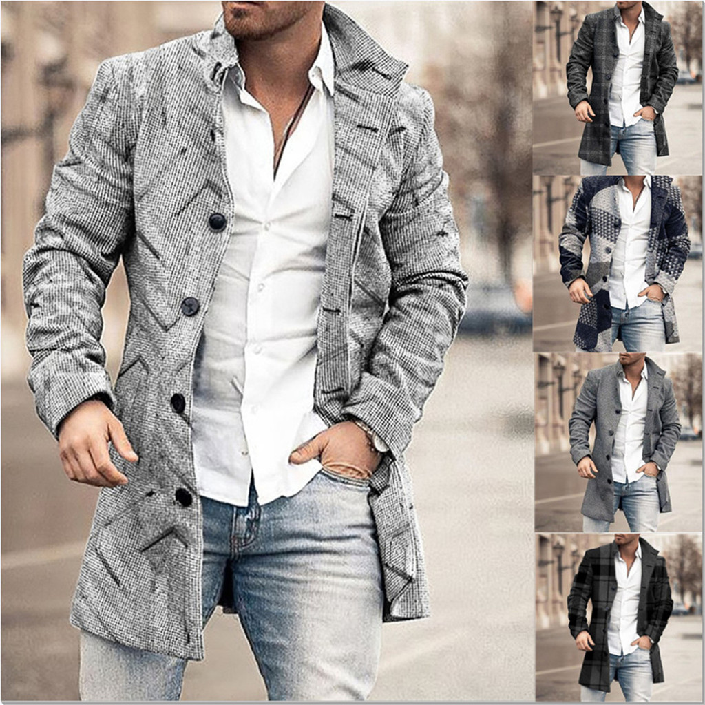 Men Mid-Length Trench Overcoat Solid Color/Plaid Pattern Business ...