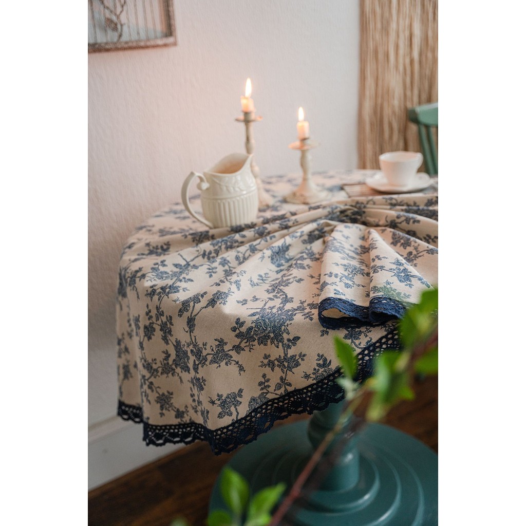 Tablecloth Blue Rose Printed Table Cloth Cotton Linen round Fabric ...