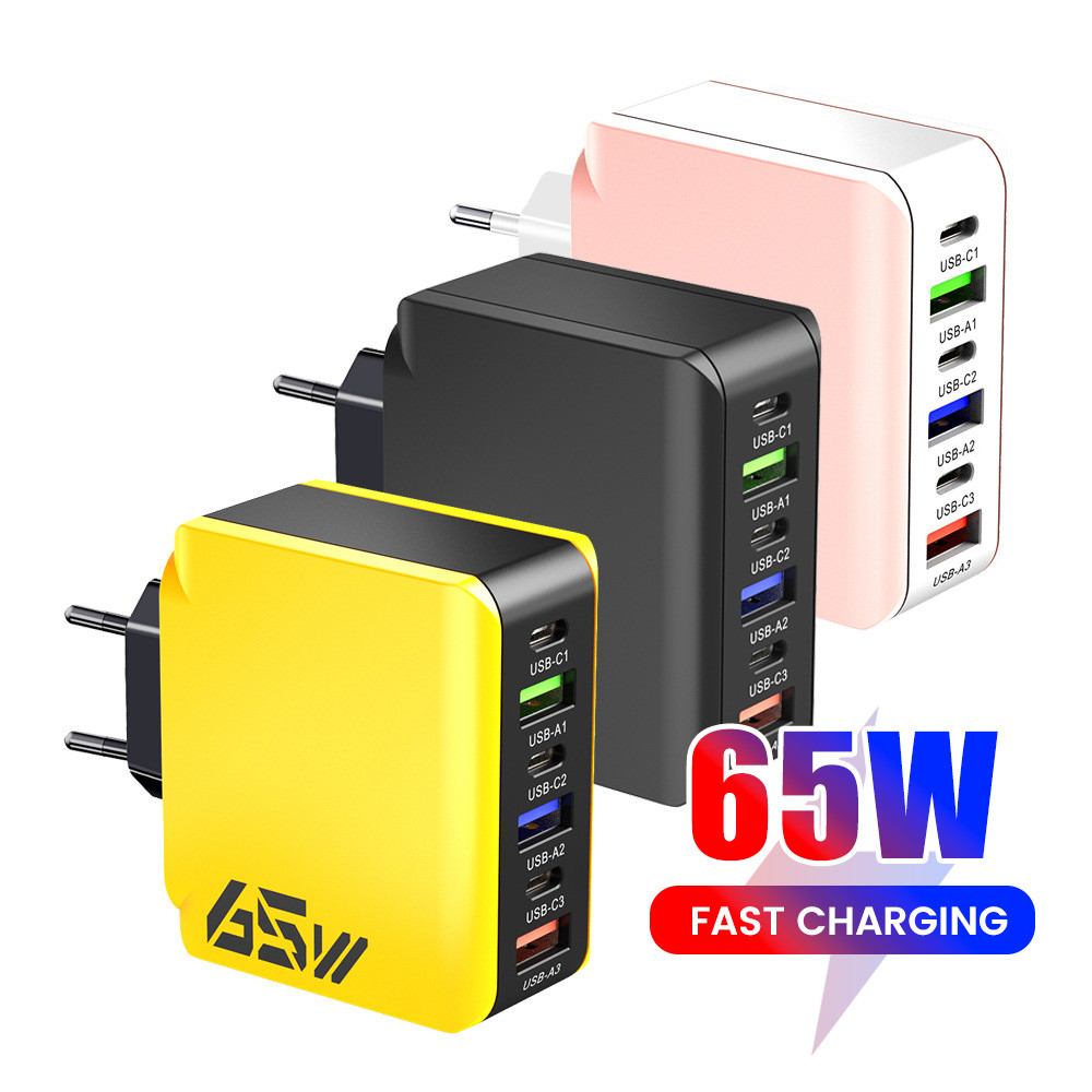 Twitch 6 Ports 3 USB+ 3 Type C 65W Fast Mobile Phone Charger Adapter PD ...