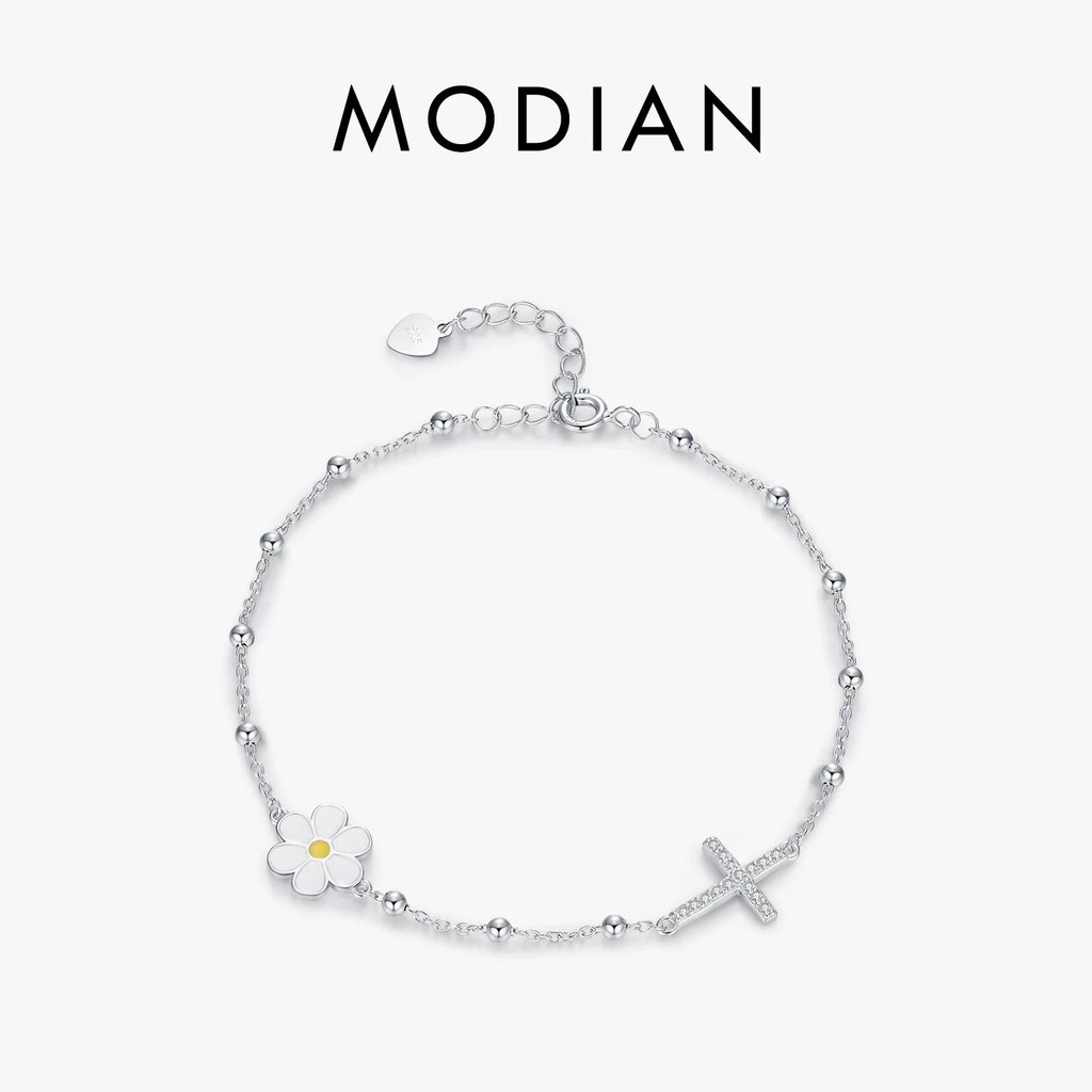 MODIAN Enamel Daisy Bracelet 925 Sterling Silver Charm Cross & Flower ...