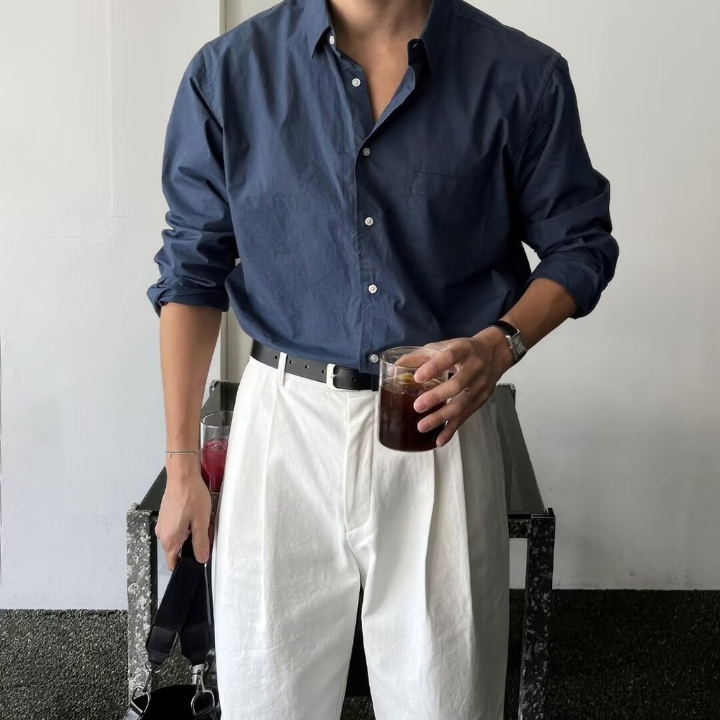 Summer Thin Cotton Linen Shirt Men's Long-Sleeved Loose Dark Blue ...