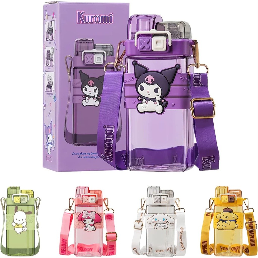 520ml Kawaii Sanrio Kuromi Cartoon Tritan Straw Cup with Strap Water Bottle Transparent ...