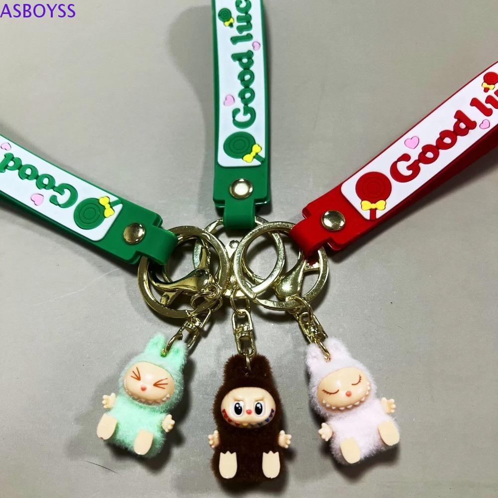 ASBOYSS Flocking Labubu Keychain, Cartoon Fluffy Plush PVC Doll Key ...