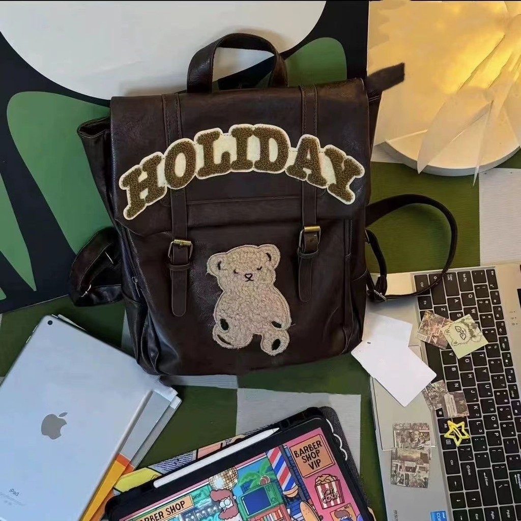 Store Recommended Original American Retro pu Schoolbag Cute Letter Bear ...