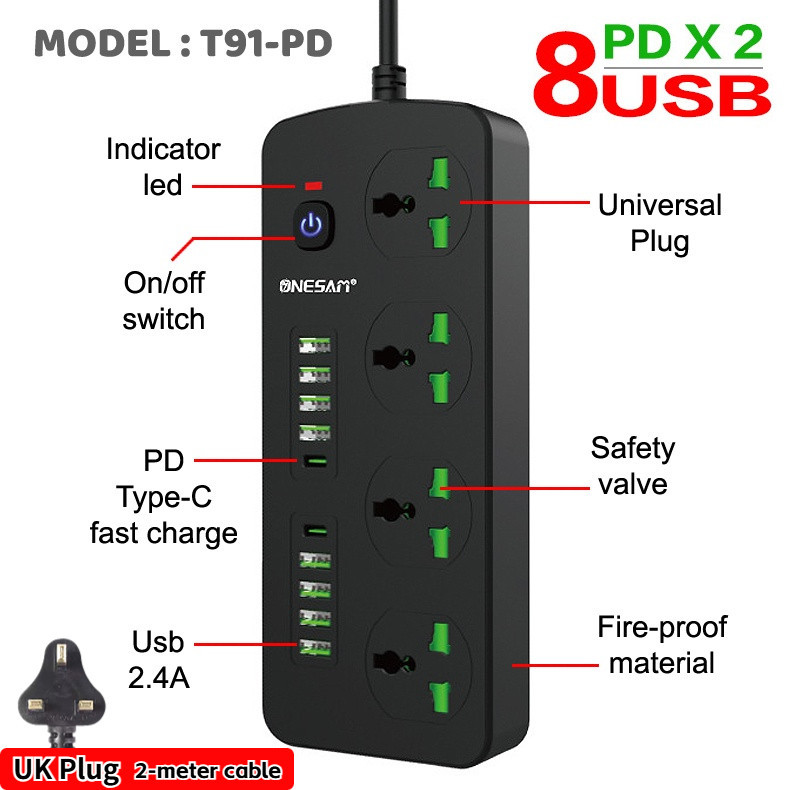 UK Power sockets With 4 Sockets + 10 USB Fast Charger 250V/2500W/10A ...