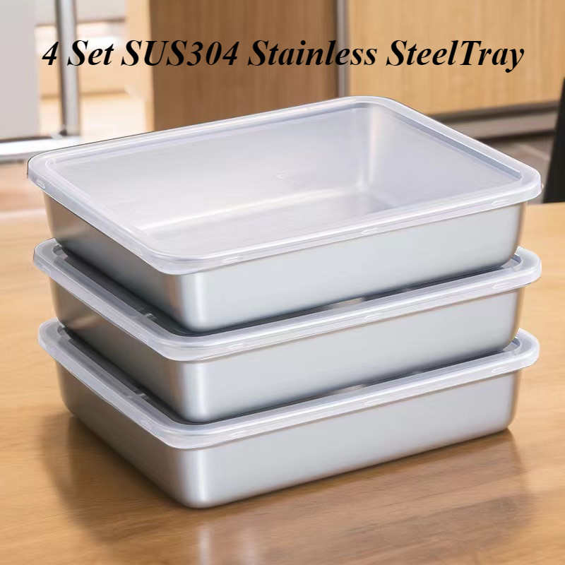 4 Set TSMaster SUS304 Thick Square Tray With Lid Cover Food Storage ...