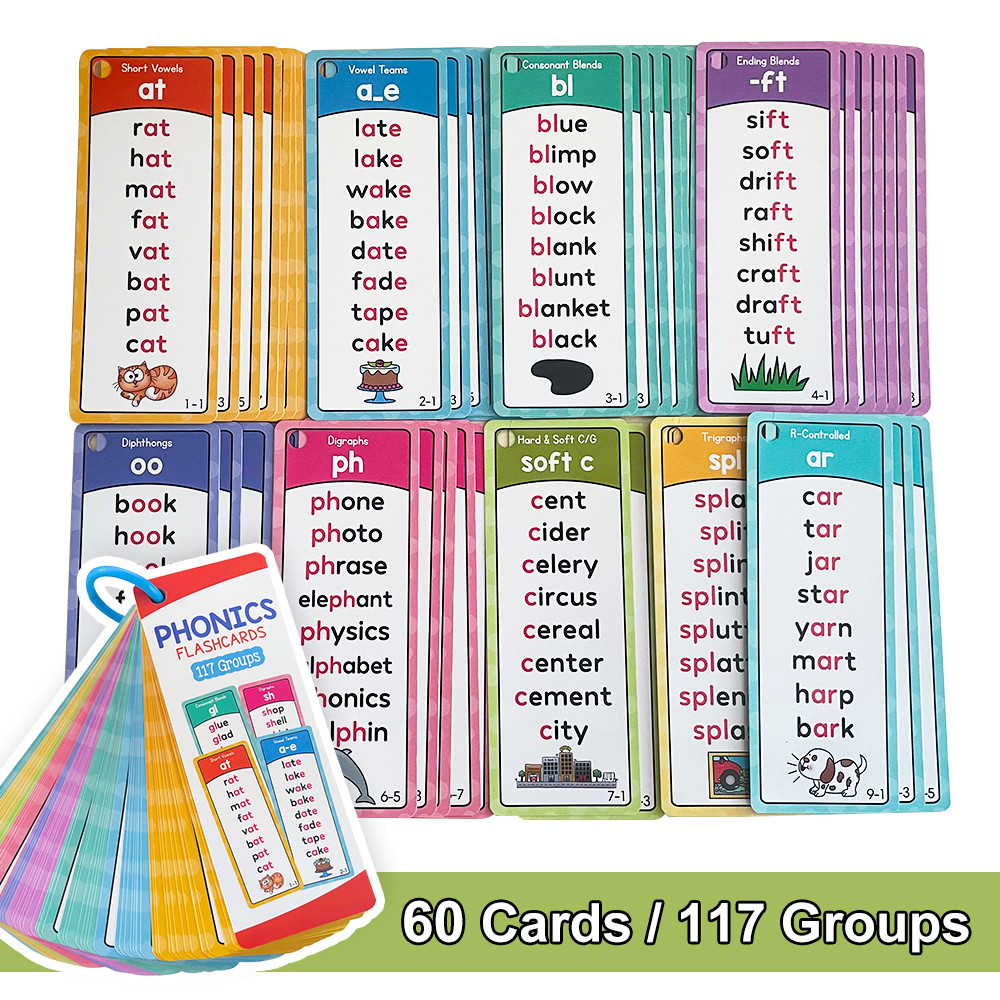 60Pcs 117 Groups Children Learning Phonics Sight Words English Flash Cards Homeschool CVC ...