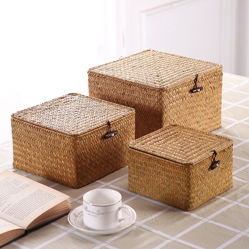 Straw Rattan Storage Basket With Lid Square Wicker Storage Box Storage ...