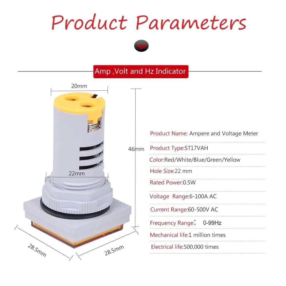 22mm Digital Voltmeter Ammeter Hz Indicator AC 60-500V 1-100A 20-75Hz Current Frequency Meter ...