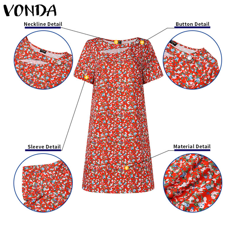 VONDA Women Korean Casual Round Neck Scooped Short Sleeve Floral ...