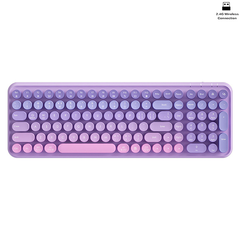 Pink Purple Ergonomic 2.4G Wireless Keyboard 106 Keys Retro Round ...