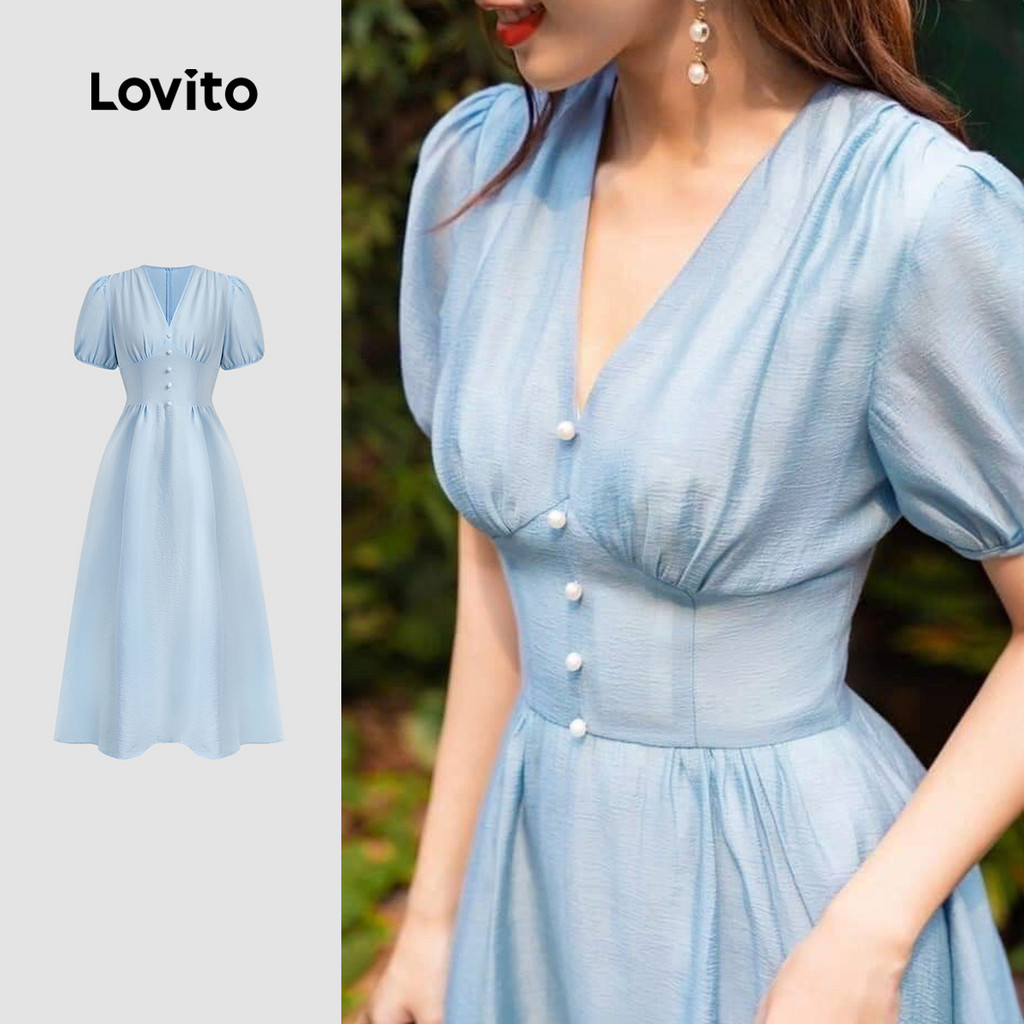 Lovito Elegant Dress Button Structure Line Spring/summer Blue Dress for ...