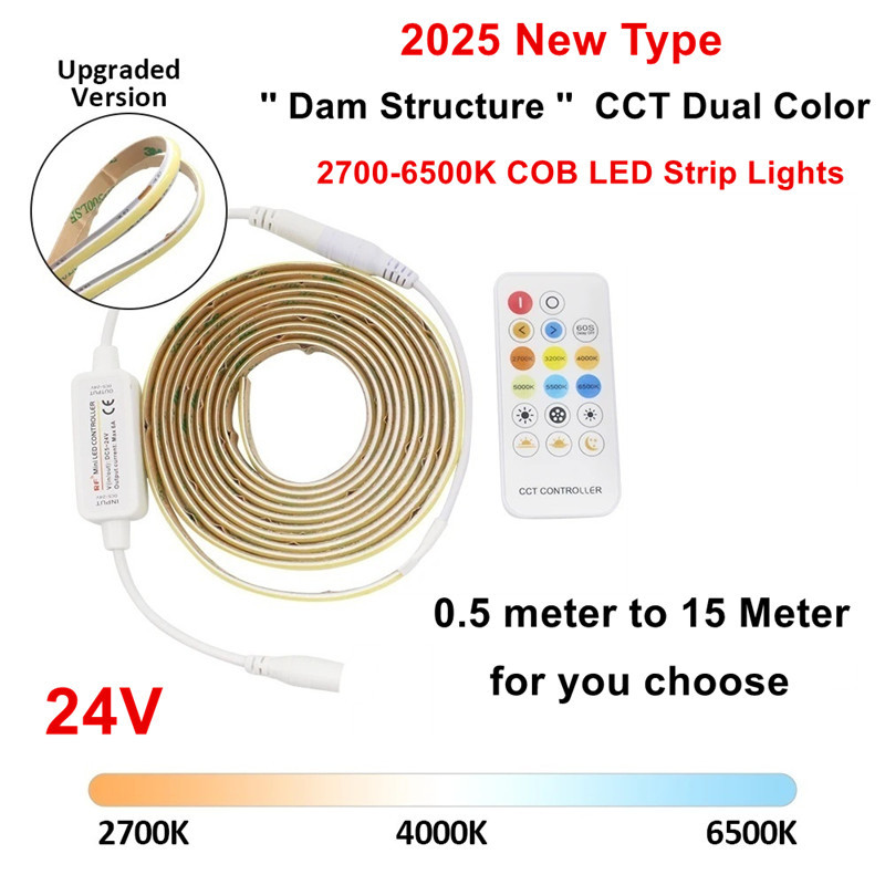 24V Tunable White CCT COB LED Strip Lights, 2m to 15m Length Dimmable ...