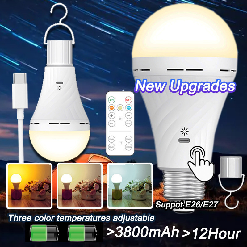 E27 Dimmable Rechargeable Light 3Color Bulb Remote Control Battery ...