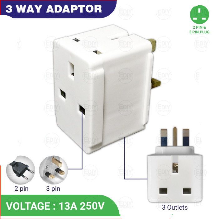3 Way Adaptor Malaysia Fused 250V 13A UK 3 Pin Adapter | Shopee Singapore