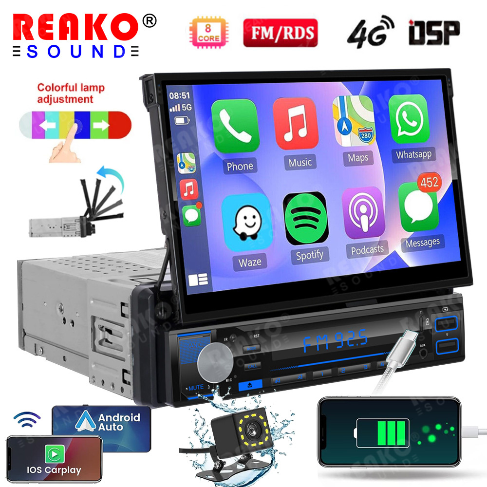 REAKOSOUND 8 Core 1 Din Universal Android Car Radio GPS Navigation 7" IPS Retractable Screen ...