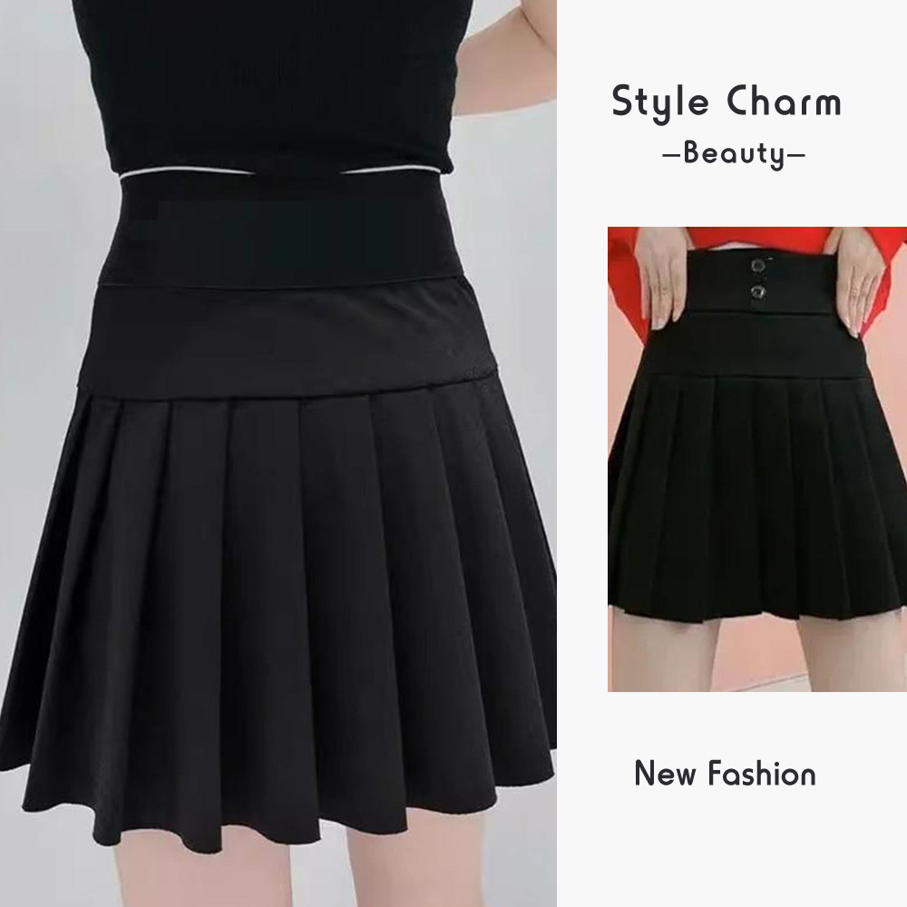 Black Pleated Skirt Women A Line Short Skirt High Waist Slimming ...