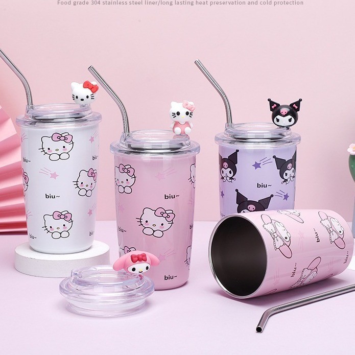 Sanrio Water Cup Hello Kitty Kuromi Straw Cups Anime Figure Stainless ...