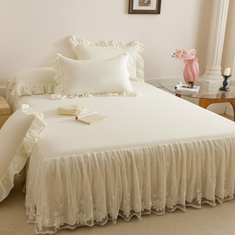 1 PC Pure Color Washed Cotton Bed Skirt Princess Style Double Lace ...