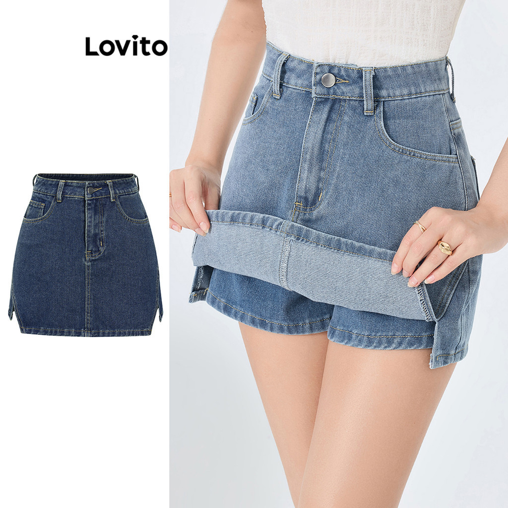 Lovito Casual Summer/Spring Short Plain Double Layer Denim Short for Women L87ED375 (Multi-color ...