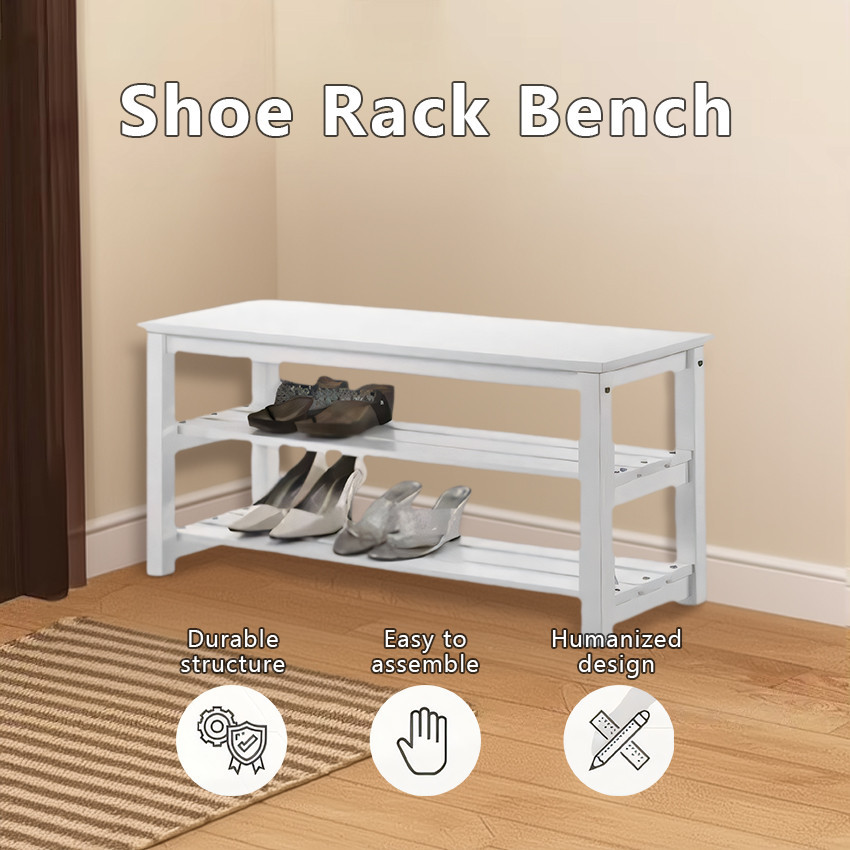 Wooden Shoe Bench with 2 tiers Entryway Full Solid Storage Bench 2 ...