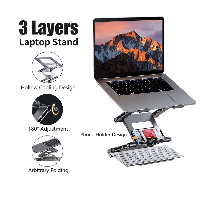 【SG Seller】Laptop Stand Adjustable 3 Layers Foldable Metal Computer ...