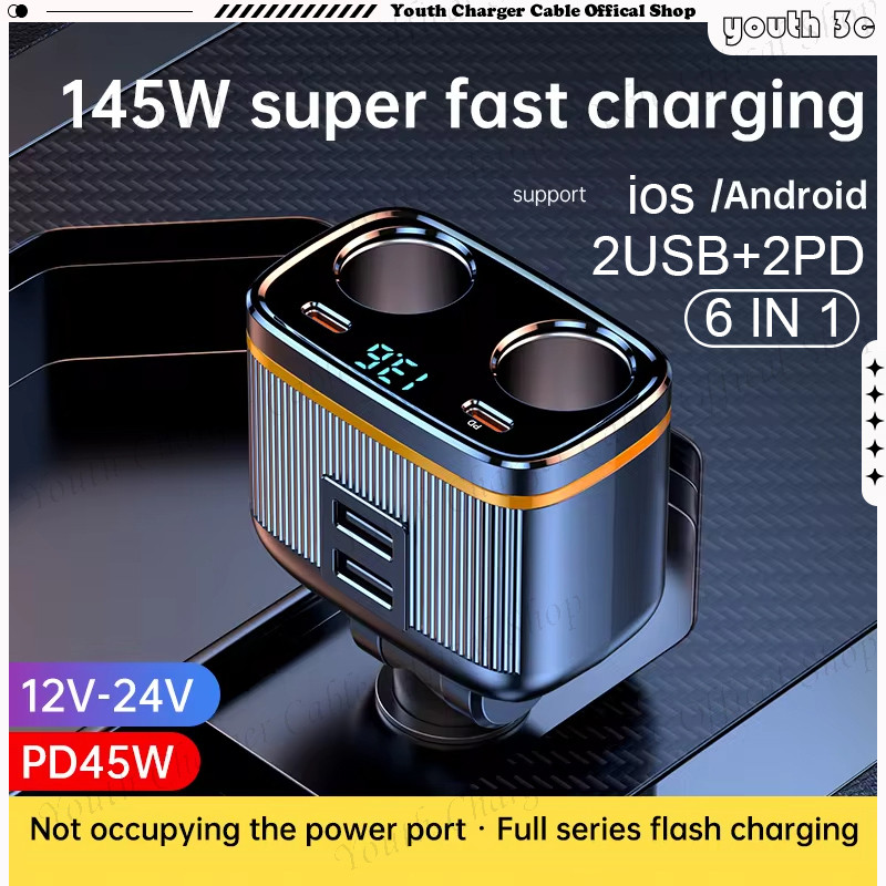 6 in 1 Adjustable angle Multi ports car charger 145W ultra high power ...