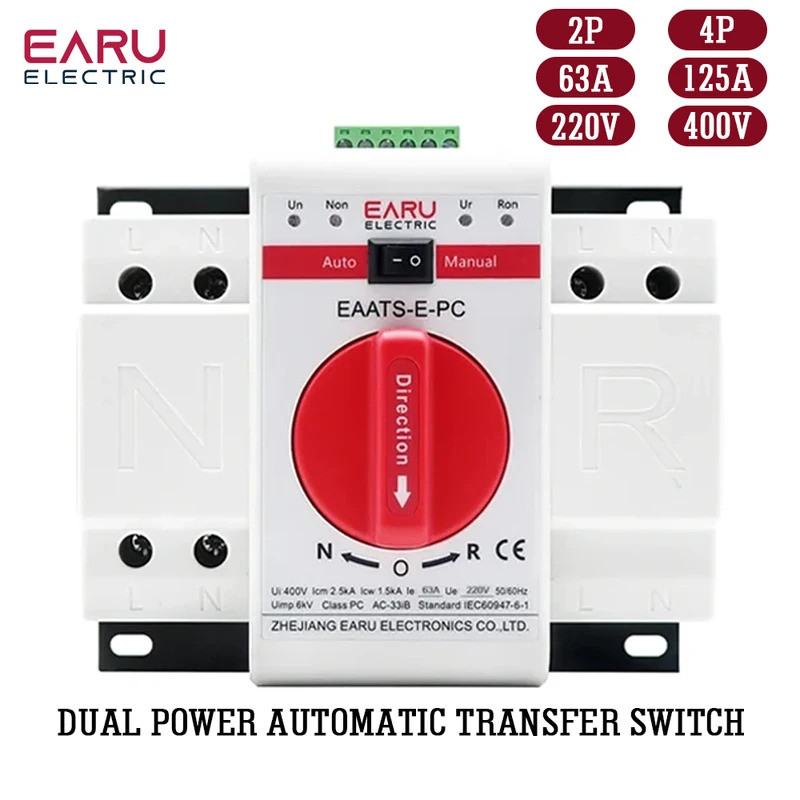 ATS Automatic Transfer Switch 2P 63A/125A 220V/110V Dual Power Source with Manual Changeover ...