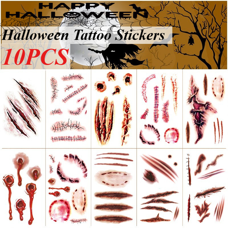 10PCS 2025 New Halloween Tattoo Stickers Scars Funny Scary Realistic ...