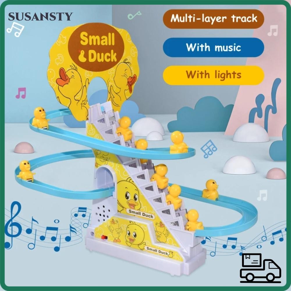 SUSANSTY Rail Racing Track, DIY Roller Coaster Toys Climbing Stairs Duck, Educational with Light ...