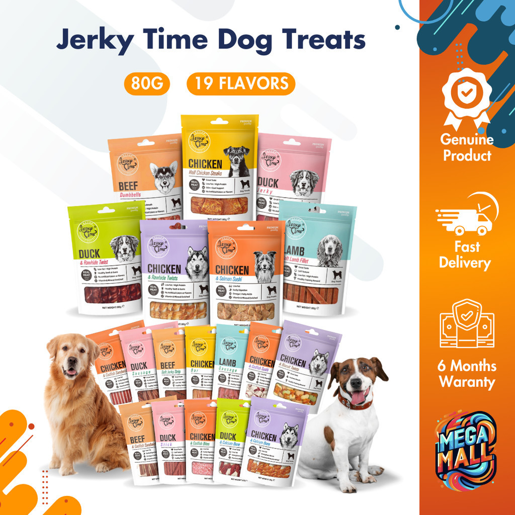 Jerky Time Dog Treats 80g Chicken Duck Lamb Salmon Codfish Beef Premium ...