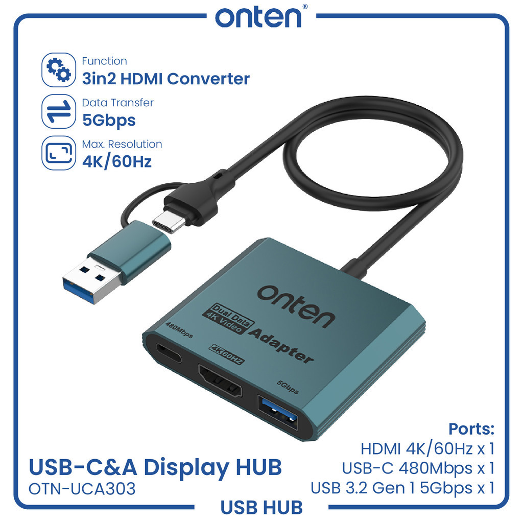 Onten 3in1 Type-C/USB-A to HDMI 4K Type-C USB3.0 Hub Display Converter ...