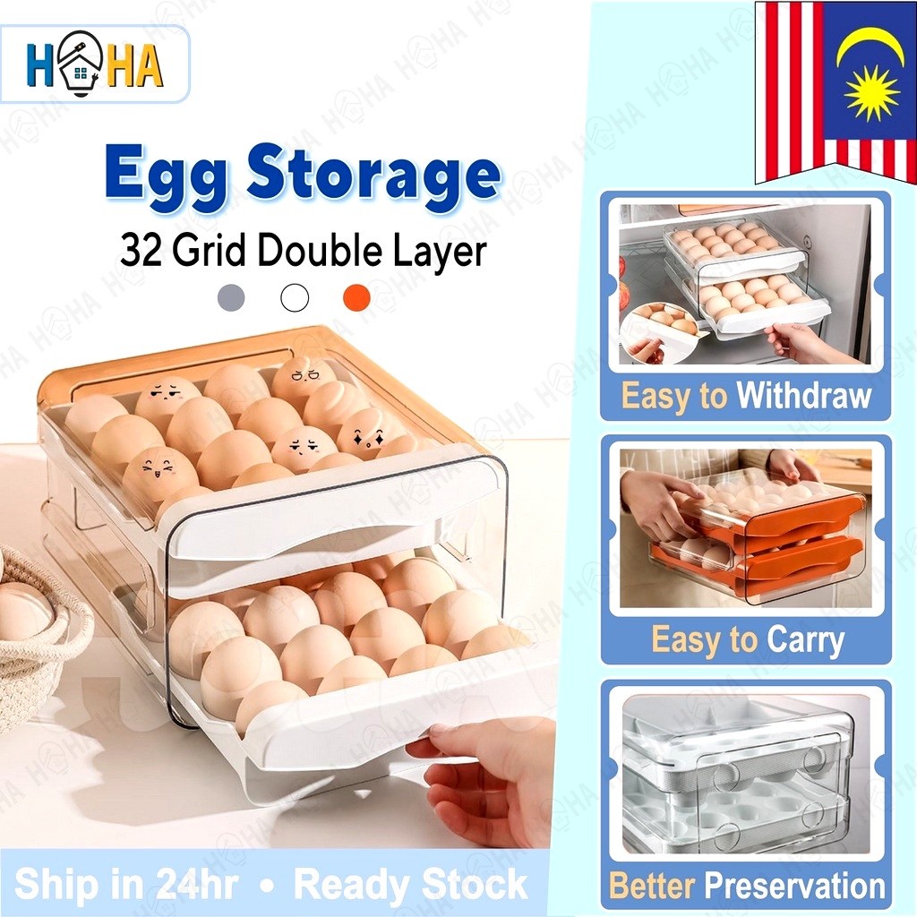 32 Grid Double Layer Egg Storage Container Stackable Drawer Holder Box ...