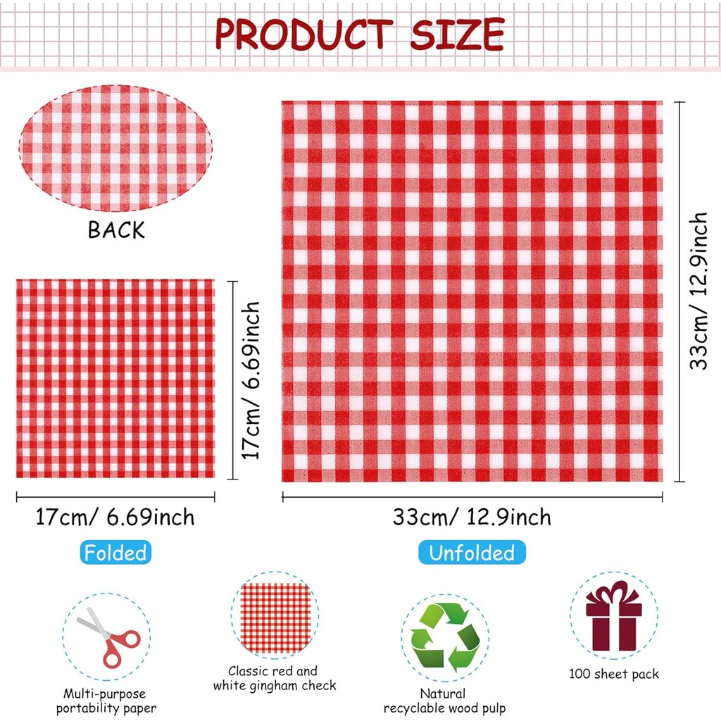Tatuo 100 Sheet Red and White Gingham Paper Napkins Disposable ...
