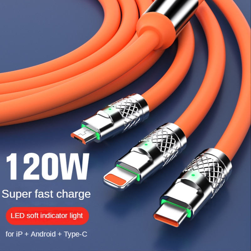 3 In 1 Zinc Alloy Charger Cable 120W 6A Super Fast Charger Type C ...