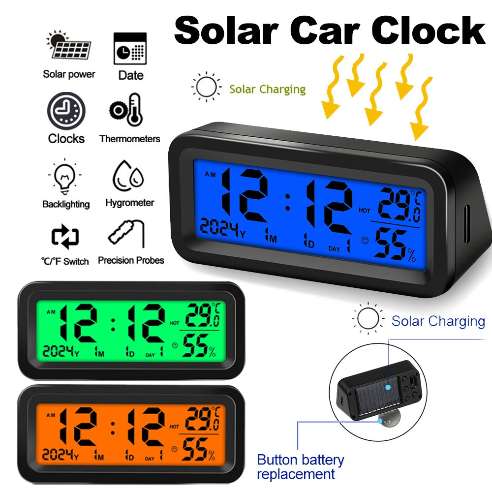 Solar Car Digital Clock Date Week Temperature Humidity LCD Backlit ...