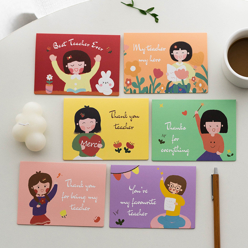 6pcs Teacher's Day Greeting Card Ins Hand-Painted Cartoon Cute Grateful ...