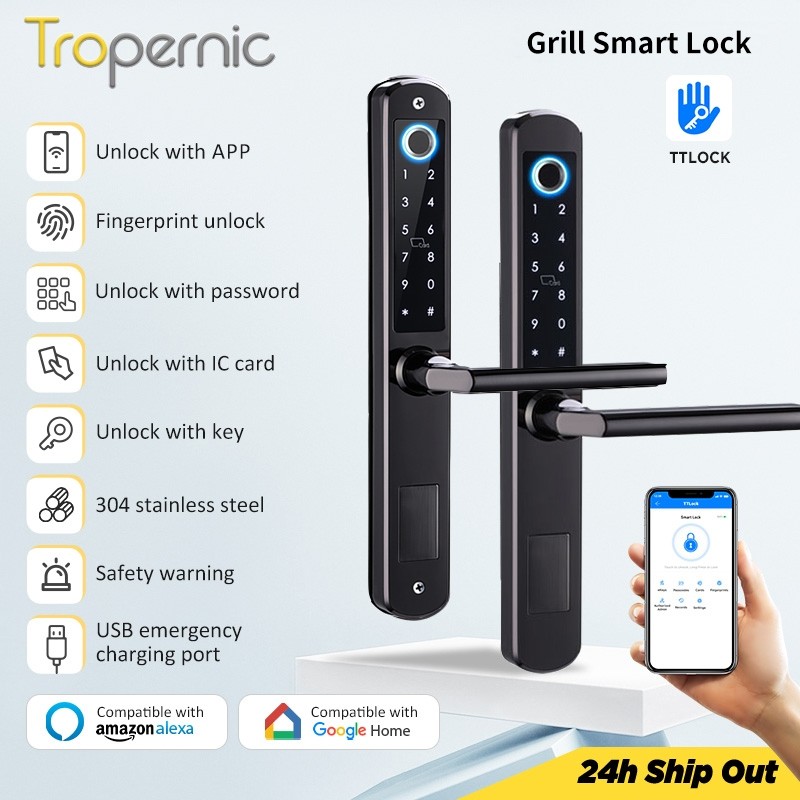 TTlock Grill Door Lock Double Side Fingerprint Password 304 Stainless ...