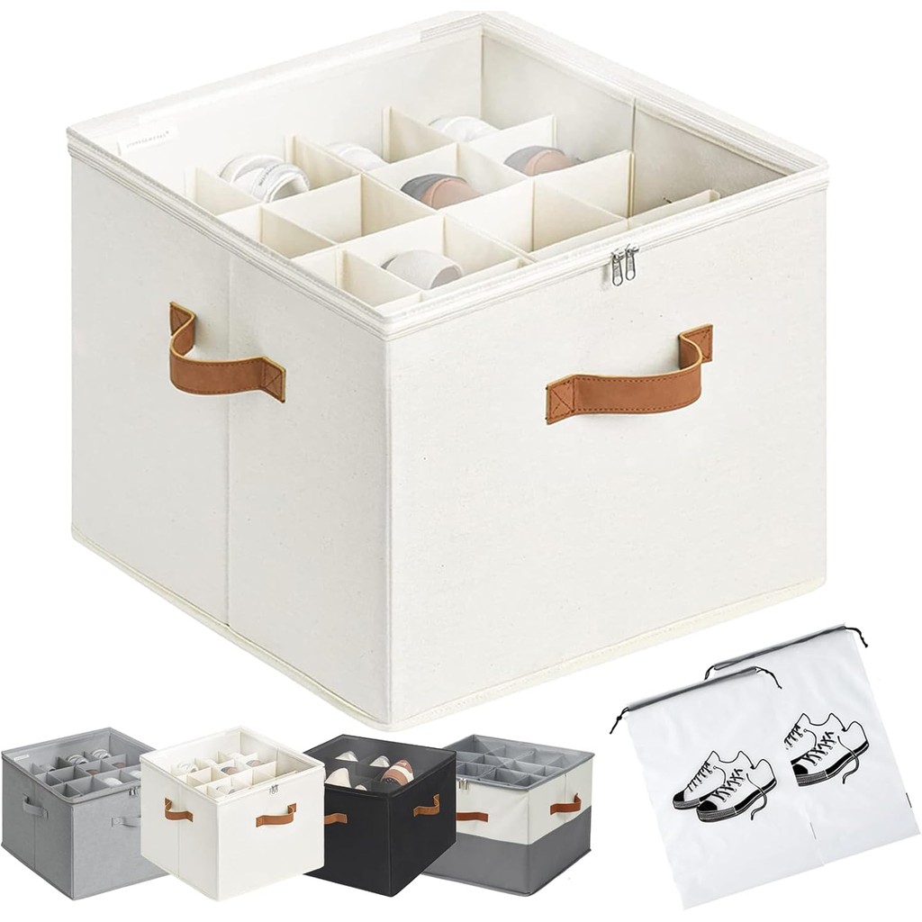 Emboadlie Fabric Shoe Organizer Storage Box, 16 Adjustable Dividers for ...