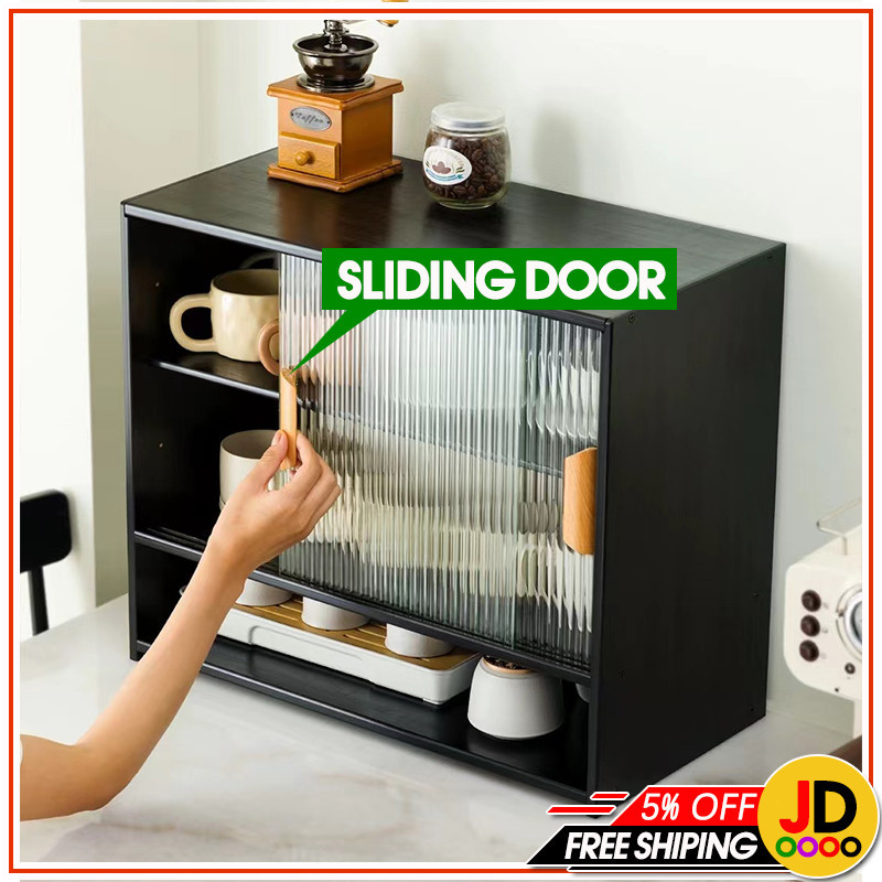 Kitchen Storage Rack Shelf Cup Holder with Sliding Door Table Top ...