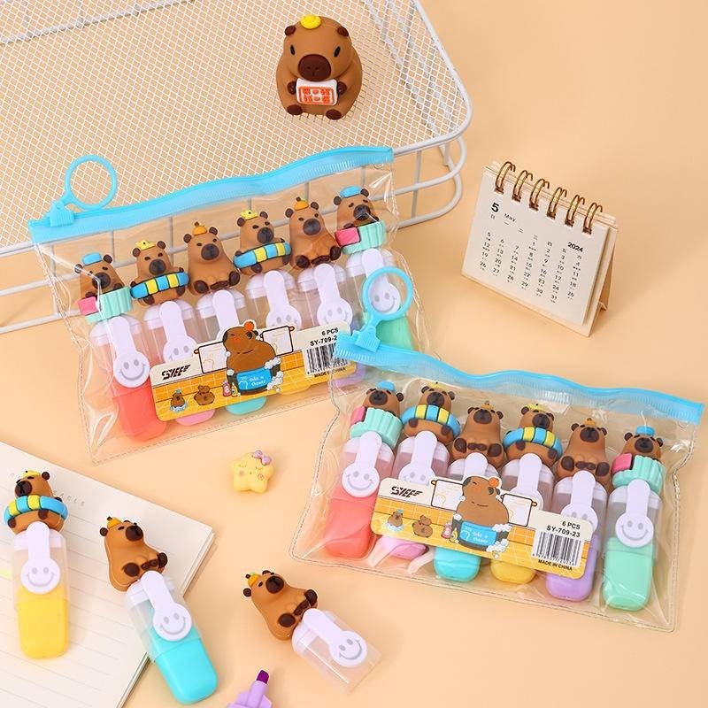 6 Color/Set Kawaii Capybara Cartoon Oblique Highlighters Large Capacity ...